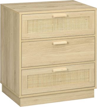 HOMCOM Kommode mit 3 Schubladen, Schlafzimmerm&ouml;bel, Boho-Stil, mit Holzrahmen, Kommode aus Rattan, f&uuml;r Schlafzimmer, Wohnzimmer, Eingangsbereich, Ma&szlig;e: 60 x 