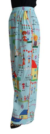 Dolce & Gabbana Womens Light Blue Drawing Mid Waist Wide Leg Pants Polyester Elastane