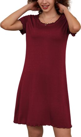 Ekouaer Nachtwäsche Damen Kurzarm Nachthemd Kurz Schlafshirt Sommer Sleepshirt Negligee Sleepwear Schlafhemd Knielang, A-Rotwein, M