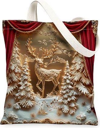 Generic Sacs fourre-tout en toile de cerf de Noël, motif forêt élégant, sacs réutilisables, vintage, légers, lavables avec bandoulière C, Rouge, 13x15 Inch
