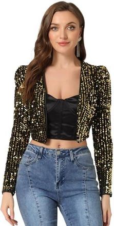 Allegra K Veste à paillettes pour femme à manches longues ouverte sur le devant Party Clubwear Cropped Bolero Cardigan Or noir XS