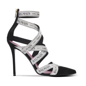 Balmain Femme, Chaussures, Blanc, Taille: 37 EU Sandales Couture en cuir su&eacute;d&eacute; &agrave; motif Ruban