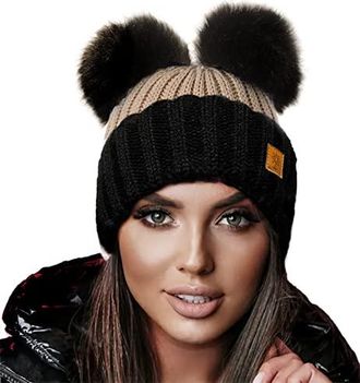 4sold Miki Mesdames Femmes dhiver Chapeau en Laine Tricoté Bonnet avec Double Pom Pom Cap Ski Snowboard Bobble (Beige Black)