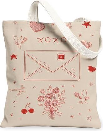 Generic Sacs fourre-tout r&eacute;utilisables en toile avec imprim&eacute; coeur pour la Saint-Valentin, romantique, vintage, l&eacute;ger, lavable, beige, 13x15 Inch