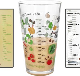 MamboCat Trinkglas Organic Gem&uuml;se I 0,3L I Messbecher mit Skala in Milliliter & Gramm I buntes Gem&uuml;se-Dekor I Messbecher & Trinkglas I Backen & Kochen