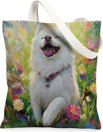 Generic Sac fourre-tout en toile motif samoy&egrave;de printanier 33 x 38,1 cm, motif fleurs color&eacute;es, sac d&eacute;picerie r&eacute;utilisable pour femme, animal de compagnie, d&eacute;