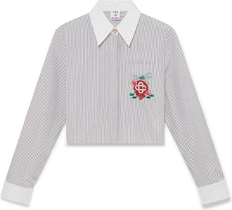 Casablanca Femme, Blouses et Chemises, Blanc, Taille: 40 FR Chemise Courte Brod&eacute;e &agrave; Rayures en Coton