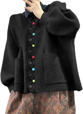 Generic Cardigan tricot&eacute; surdimensionn&eacute; pour femme avec boutons color&eacute;s et manches bouffantes avec poches, manteau de printemps pour femmes 2026, Noir, 3XL