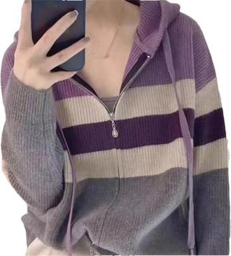 Generic Chandails &agrave; capuche ray&eacute;s contrast&eacute;s pour femmes, double fermeture &eacute;clair, cardigan &eacute;l&eacute;gant &agrave; manches longues en tricot, violet, XL