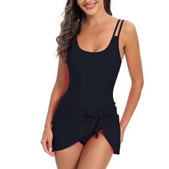 Generic Maillot De Bain Femme 1 Pieces Ventre Plat,Maillot De Bain Femme Sexy Push Up Maillot de Bain Jupette Col en V Rembourr&eacute; Swimwear avec Jupe &agrave; Cordon d