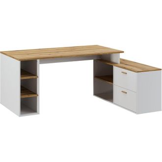 PEGANE Bureau dangle en m&eacute;lamine coloris imitation ch&ecirc;ne artisan / blanc - Longueur 183 x profondeur 141 x Hauteur 75 cm