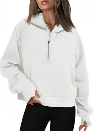 Generic Sweat-shirt surdimensionn&eacute; &agrave; manches longues et demi-fermeture &eacute;clair pour femme, avec trou pour le pouce et poches, blanc, XL