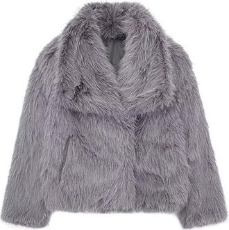 ZhuiKun Manteau en Fausse Fourrure pour Femme Veste à Manches Longues Col à revers Cardigan Manteau dhiver Court et Chaud - Gris foncé, S