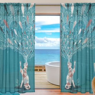 Alaza Durchsichtiger Voile-Vorhang, Illustration, Katze und Fisch, Polyester-Material, Stoff f&uuml;r Schlafzimmer, Dekoration, Zuhause, T&uuml;rdekoration, K&uuml;che, Wo