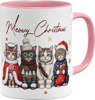 OM3 Meowy Christmas Kaffee-Tasse mit s&uuml;&szlig;en K&auml;tzchen - Weihnachtstasse 4 Katzen - Keramik Becher - 325ml - Beidseitig Bedruckt - Rosa