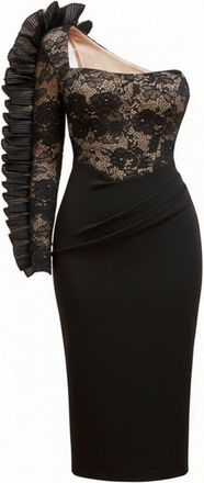 Goddiva Midikleid One Shoulder Organza Fan Detail Lace Bodice Midi Dress Knielanges Kleid, Lange &Auml;rmel, One Shoulder