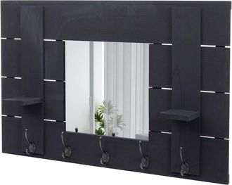 Hhg Wandgarderobe HHG 933 mit Spiegel, Garderobenpaneel Garderobe, Shabby-Look Vintage, 5 Haken 90x60cm dunkelgrau, shabby