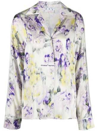 Off-white chemise de pyjama Chine Satin &agrave; fleurs - Vert