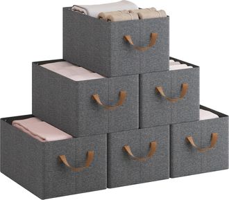 Woltu Faltbare Aufbewahrungsboxen 6 Stück, Stoff-Aufbewahrungswürfel mit Griffen, Organizer Boxen für Regale, Stapelboxen zur Aufbewahrung, Grau, 37,5x26x20