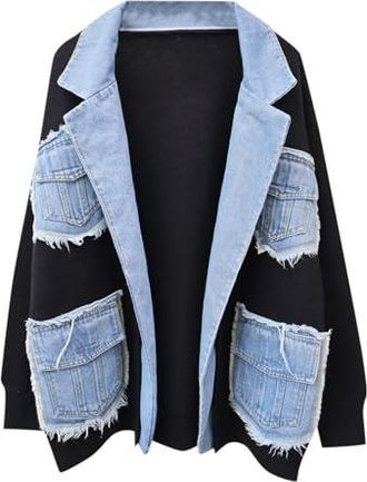 Generic 2026 Vestes pour femmes - Cardigan d&eacute;contract&eacute; en tricot ample avec patchwork en denim - Veste chandail polyvalente, Noir, Taille unique