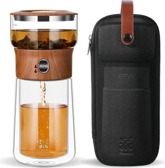 Zens Klein Solo Teekanne Glas f&uuml;r Losen Tee Zubereitung, One-Touch-Dr&uuml;cker-Teekanne f&uuml;r das B&uuml;ro Teezubereitung, Teezubereiter mit 270ml Isolierter Tasse u