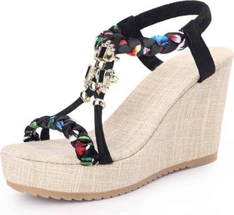 Allegra K Sandales boh&egrave;me &agrave; talon compens&eacute; &agrave; enfiler pour femme, Noir, 37 EU