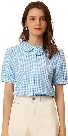 Allegra K Chemisier à carreaux vichy à manches courtes et col Peter Pan pour femme, bleu clair, 36