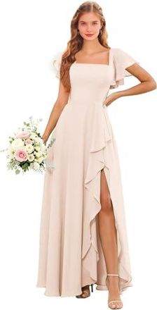 Generic Robe de demoiselle dhonneur à manches courtes en mousseline de soie avec fente et col carré, robe dinvitée de mariage, robe formelle pour mariage, ros