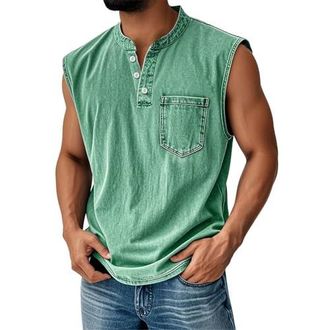 Generic T-shirt Henley vintage respirant sans manches pour homme, chemises Henley sans manches pour homme, gym, entra&icirc;nement, course &agrave; pied, vert gazon, 3XL