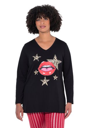 Angel Of Style Damen große Größen Übergrößen Plus Size T-Shirt, Komfort Fit, Kussmund-Motiv, Langarm schwarz 48 844450100-48