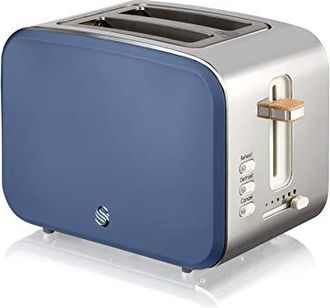 SWAN Nordic Breitschlitz-Toaster für 2 Scheiben, 3 Funktionen, 6 Bräunungsstufen, modernes Design, Edelstahl, Griff in Holzoptik, Blau matt