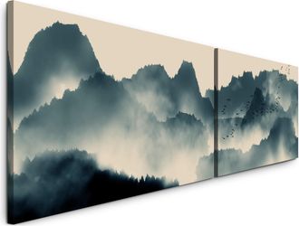 Paul Sinus Art Berge mit Nebel 180x50cm - 2 Wandbilder je 50x90cm - Kunstdrucke - Wandbild - Leinwandbilder fertig auf Rahmen