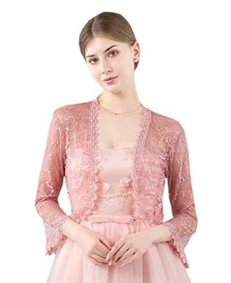 ACVIP Bol&eacute;ro court en dentelle florale pour femme, Rose fonc&eacute;., taille unique Quarter sleeve Lapel collar