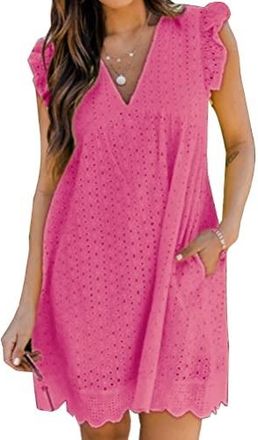 Onsoyours Robe DÉté pour Femmes Tenue Décontractée avec Short Intégré Élégante Col en V À Manches Volantées Creuse Dentelle Jacquard Couleur Unie Robe Ample ave