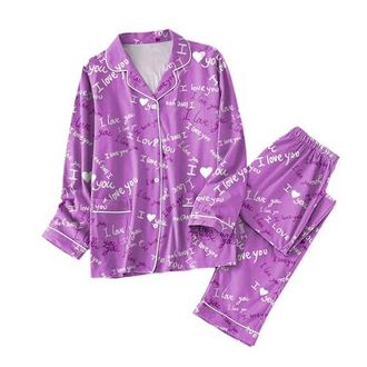 Generic Pyjama assorti pour femme pour la Saint-Valentin 2026 - Pyjama long classique boutonn&eacute; en satin avec poches, violet, 3XL