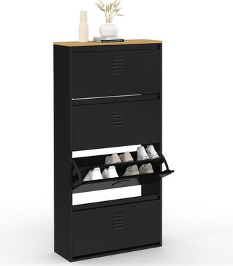 IDMarket Schuhm&ouml;bel 24 Paar Schuhe maxi Kapazit&auml;t ESTER 4 schwarze Metallt&uuml;ren und Holzplatte Industriedesign