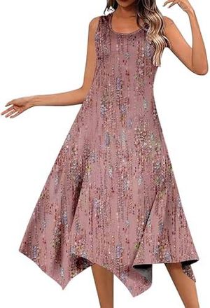 Generic Robes amincissantes d&eacute;contract&eacute;es sans manches pour femmes, robe trap&egrave;ze &agrave; imprim&eacute; floral, col rond, tenue quotidienne, printemps, &eacute;t&eacute;, automne, confo