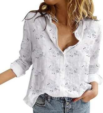 Generic Chemisier Femmes Coton Lin Grande Taille De Loisirs Chemisiers Et Blouses D&eacute;t&eacute; Manches Longues Col en V Profond L&acirc;ches Haut L&eacute;g&egrave;re Comfy Tunic Mode Co