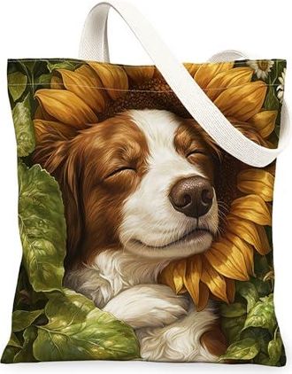 Generic Spring Brittanys Sac fourre-tout en toile r&eacute;utilisable pour faire du shopping, 33 x 38,1 cm, motif imprim&eacute; de feuille de tournesol, chiot, sac d&eacute;picer