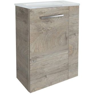 Fackelmann Stanford sbc Gäste-WC Set 2 Teile - Waschtischunterschrank in Holz Braun mit Waschbecken aus Glas in Weiß - Waschbeckenunterschrank schmal