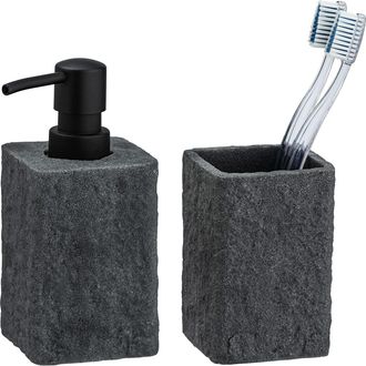 WENKO Bad Accessoire Set Villata, 2-teilig, nachf&uuml;llbarer Seifenspender, 7 x 15 x 7 cm, F&uuml;llmenge 300 ml, edler Zahnputzbecher, 7,5 x 11 x 7,5 cm, Naturstei