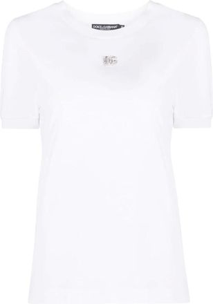 Dolce & Gabbana Femme, Tops, Blanc, Taille: 42 FR T-shirt en coton avec logo DG en cristal