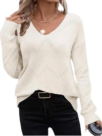 Zeagoo Pull Femme Manches Longues Élégant Col en V Automne Ajourné Tricot Basique Hiver Motif Torsadé Beige L