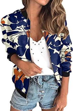 Generic Veste Femme Motard Blouson Printemps &Eacute;t&eacute; L&eacute;ger Bomber Blouson Outwear Zipp&eacute; Imprim&eacute; Floral Court Jacket Blouson aviateur l&eacute;ger &agrave; manches longues mante
