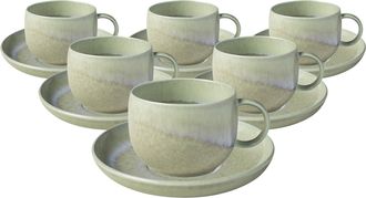 Villeroy & Boch like. by Perlemor Alga Mokka- / Espressotassen mit Untertassen 6er Set, 60 ml, Espresso-Geschirr im Pottery-Look, Premium Porzellan, Gr&uuml;n