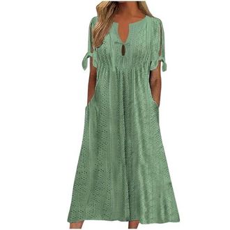 Generic Robe d&eacute;t&eacute; &agrave; manches courtes pour femme - Couleur unie - Tendance - D&eacute;contract&eacute;e - Col en V - Manches longues -, Vert menthe., XXL