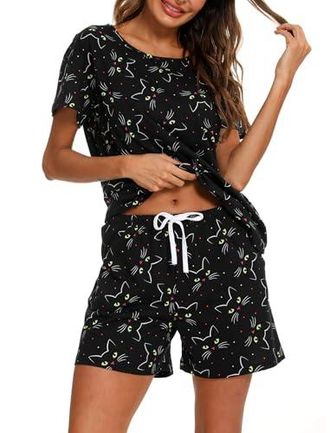 Mia Lucce Ensemble de pyjama d&eacute;t&eacute; &agrave; manches courtes pour femme - En coton imprim&eacute; - V&ecirc;tements de nuit &agrave; manches courtes avec poches - Tailles S &agrave; XXL, motif cha