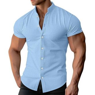Generic Chemise d&eacute;t&eacute; en coton et lin pour homme - Style d&eacute;contract&eacute; - Couleur unie - Col montant - Manches courtes - Tunique l&eacute;g&egrave;re, bleu, XXL