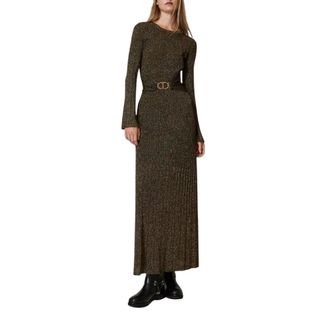 Twinset Langes Gestricktes Rippkleid mit Ovalg&uuml;rtel - - Dresses - Damen - Braun - S