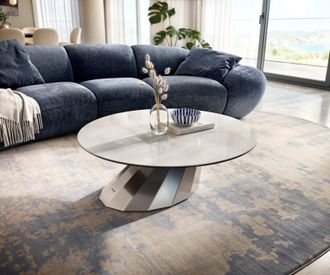 DELIFE Couchtisch Edge Rund 100x100 cm Keramik Onyx Champagne Parabi Edelstahl geb&uuml;rstet, Couchtische